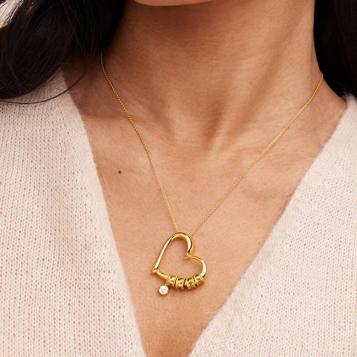 Charming Heart Necklace with Engraved Beads and 0.25ct Diamond in Gold ...