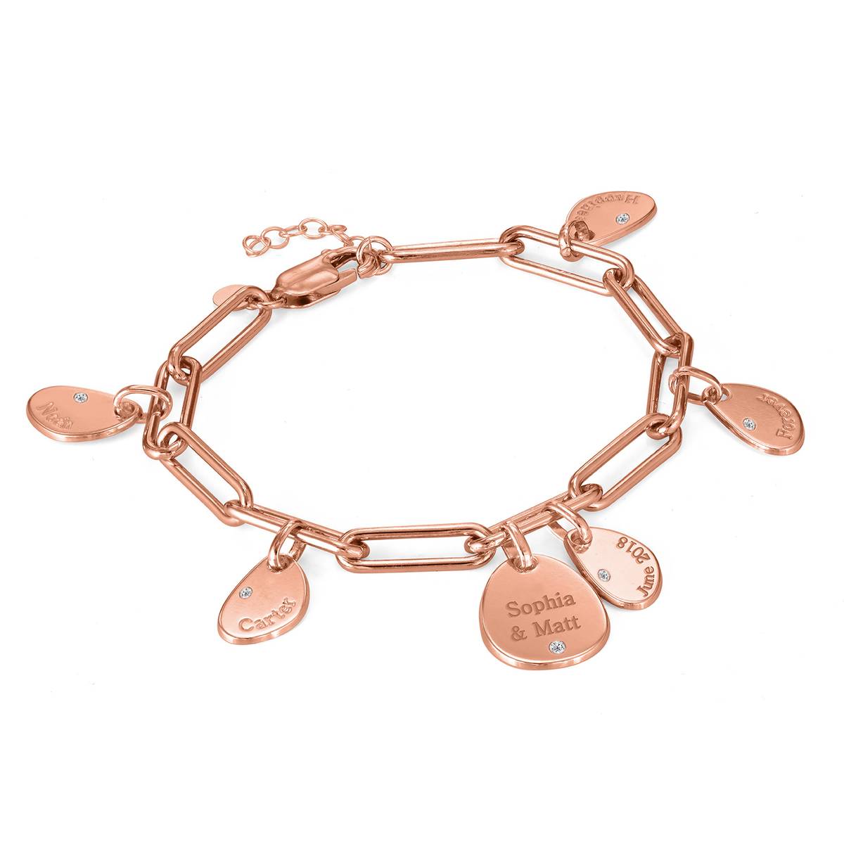 Hazel Paperclip Bracelet with Engraved Charms and Diamonds in 18ct Rose ...