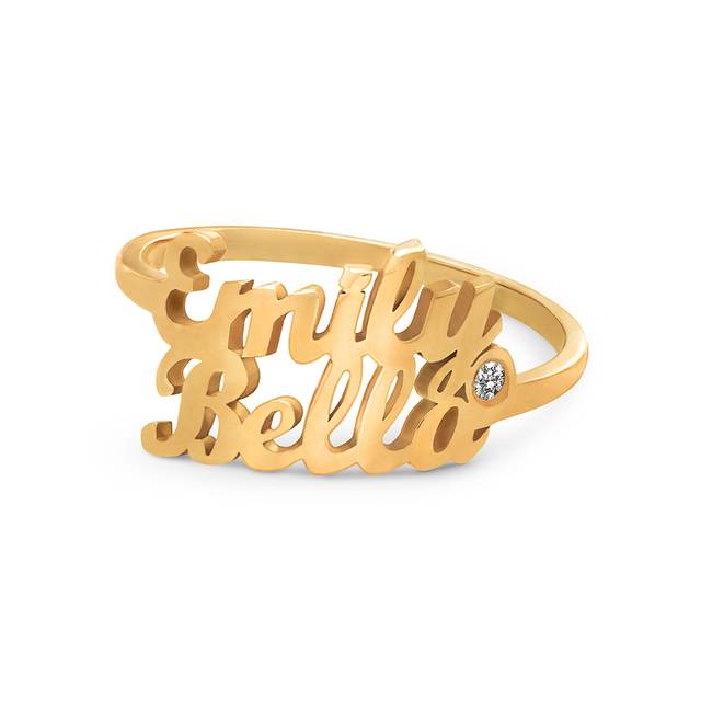 Script Double Name Ring with Diamond in Gold Plating - Theo Grace