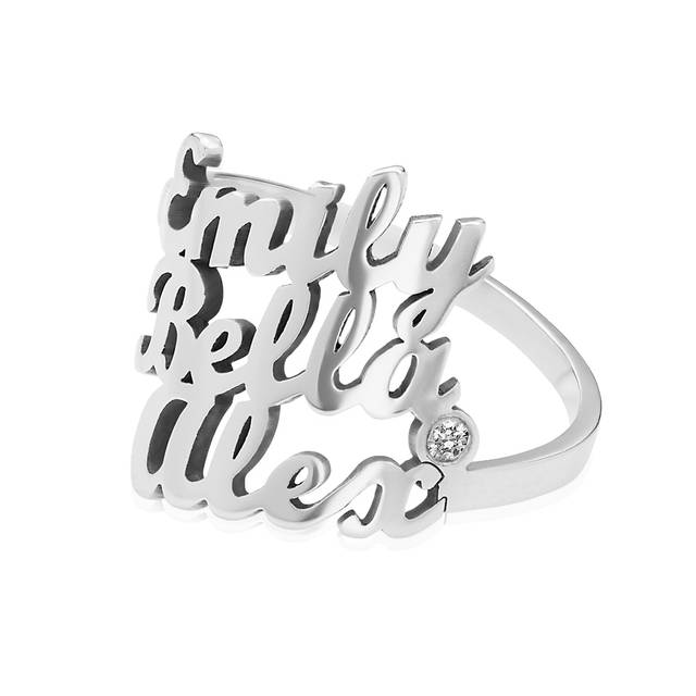 Script Triple Name Ring with Diamond in Sterling Silver - Theo Grace
