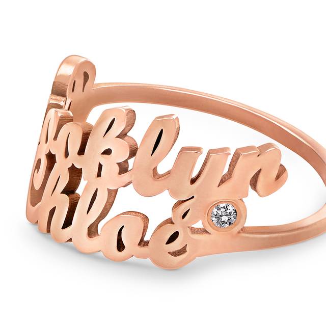 Script Double Name Ring with Diamond in 18ct Rose Gold Plating - Theo Grace