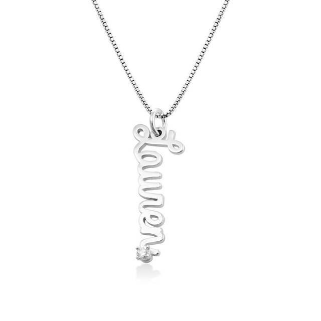 Vertical Cursive Name Necklace with Diamond in Silver - Theo Grace
